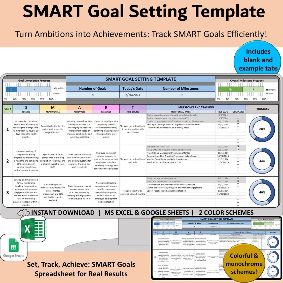 SMART Goal Setting Template, Objectives Tracking Spreadsheet, Excel ...