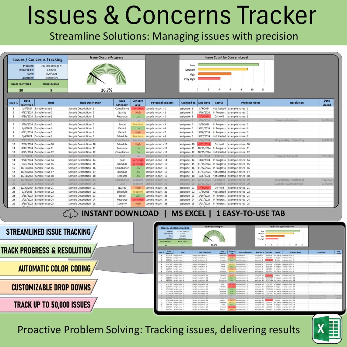 Issues and Concerns Tracker Spreadsheet, Excel Project Management ...