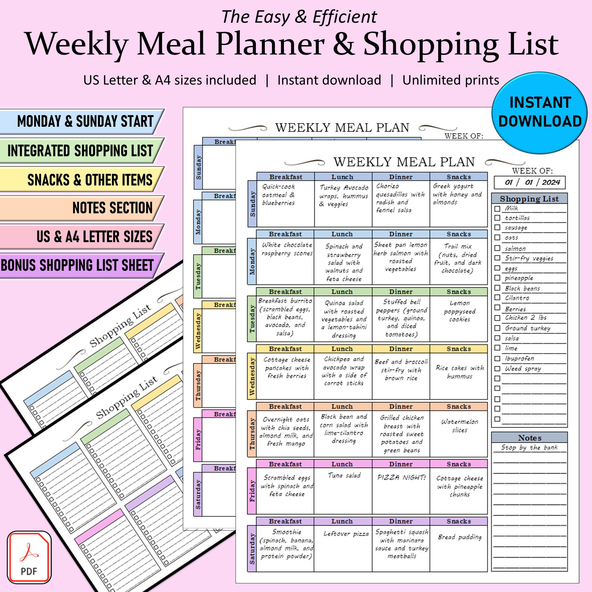 Meal Planner & Grocery List, Weekly Meal Prep, 7 Day Menu Plan, PDF Meal Prep and Diet Planning ...