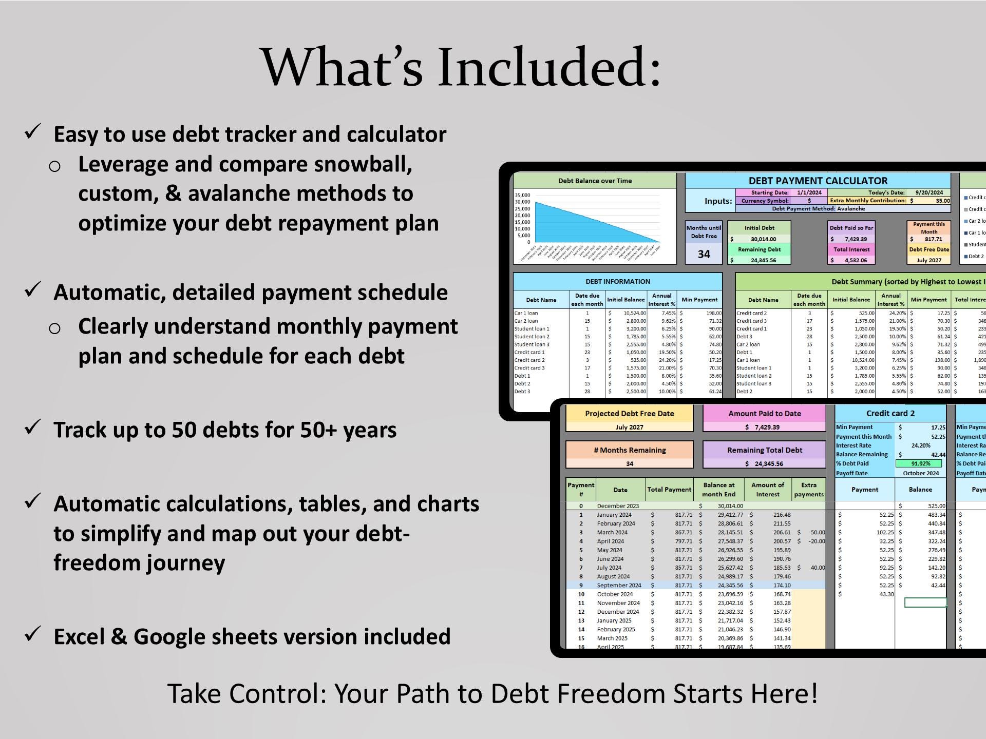 Premium Debt Payoff Dashboard Spreadsheet, Snowball Avalanche ...