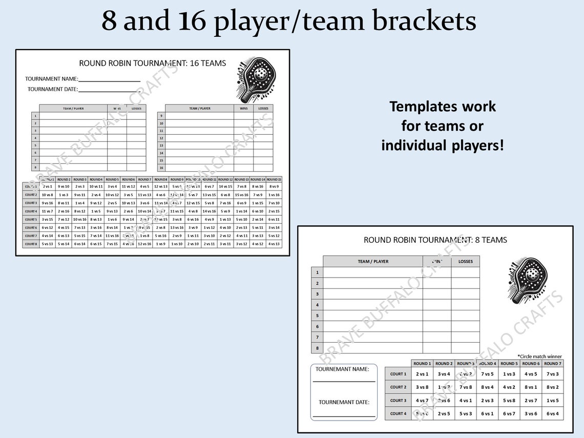 Pickleball Tournament Bracket Template Bundle, Round Robin, Double ...