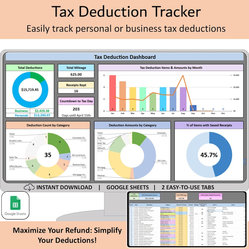 Tax Deduction Tracker Spreadsheet, Google Sheets Itemized Expenses Template for Personal or ...