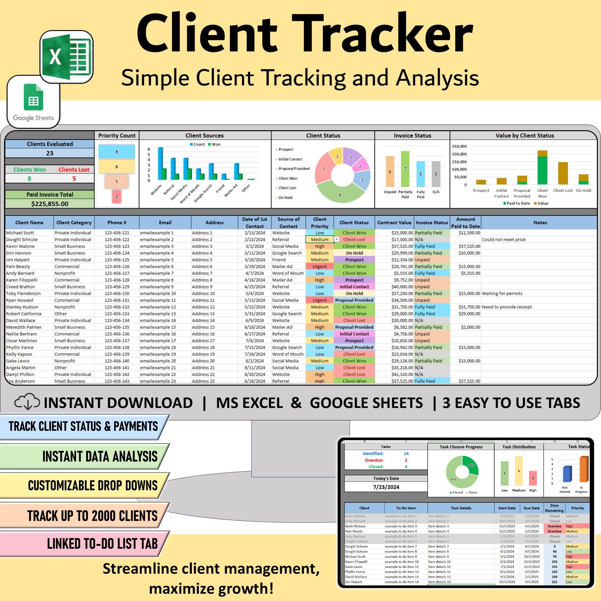 Client Tracker Spreadsheet for Small Businesses, Excel CRM Management ...