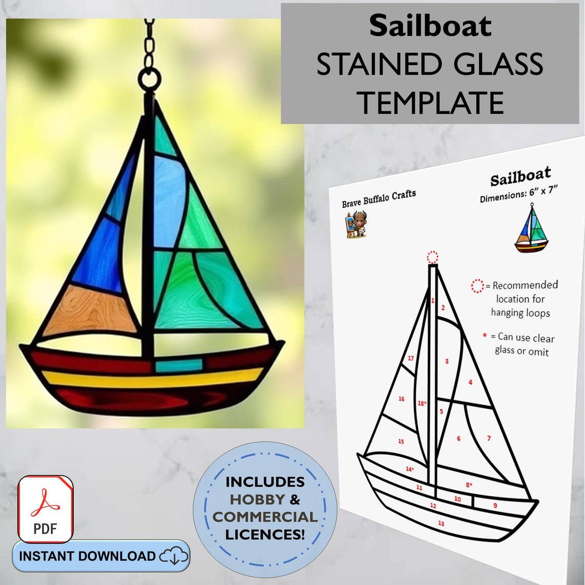 Sailboat Stained Glass Pattern Template, PDF Suncatcher DIY Stencil ...