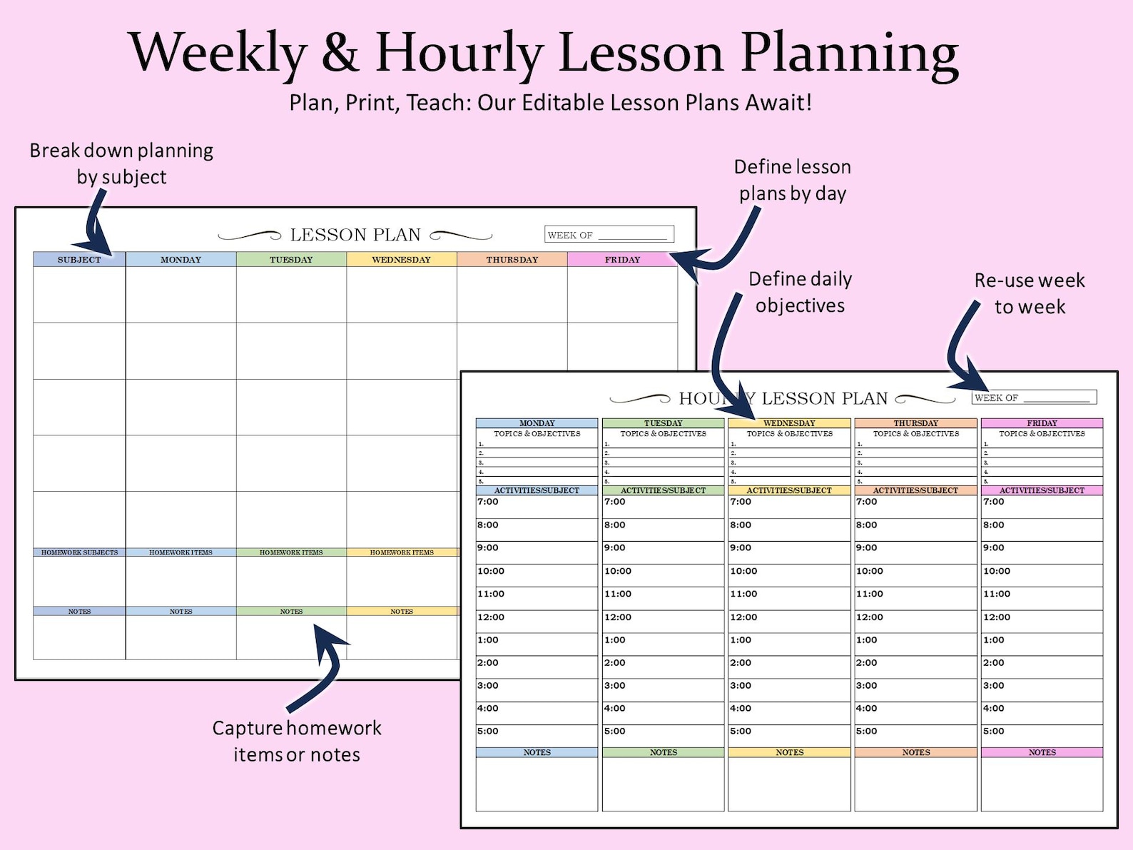 Colorful Lesson Plan Template, Teacher Lesson Planning Printable, Home School Academic Teaching ...