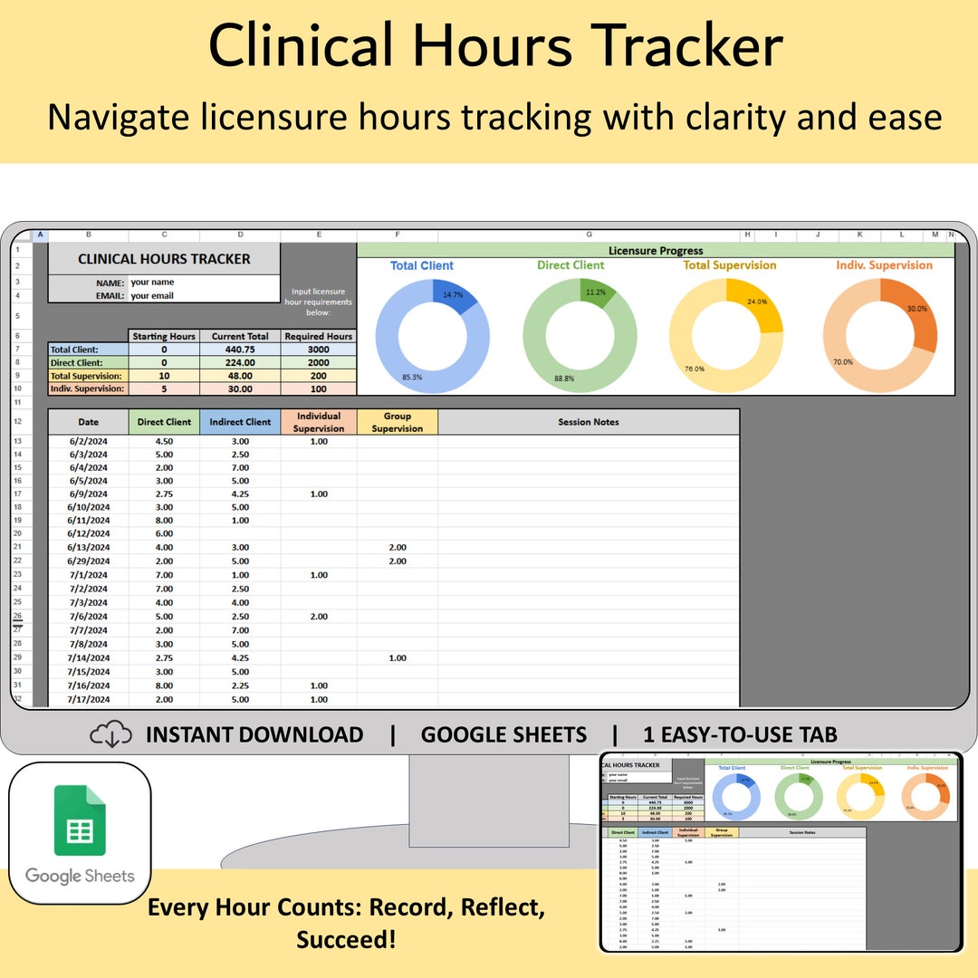 Clinical Hours Tracker Google Sheets, Licensure Hour Log Spreadsheet ...