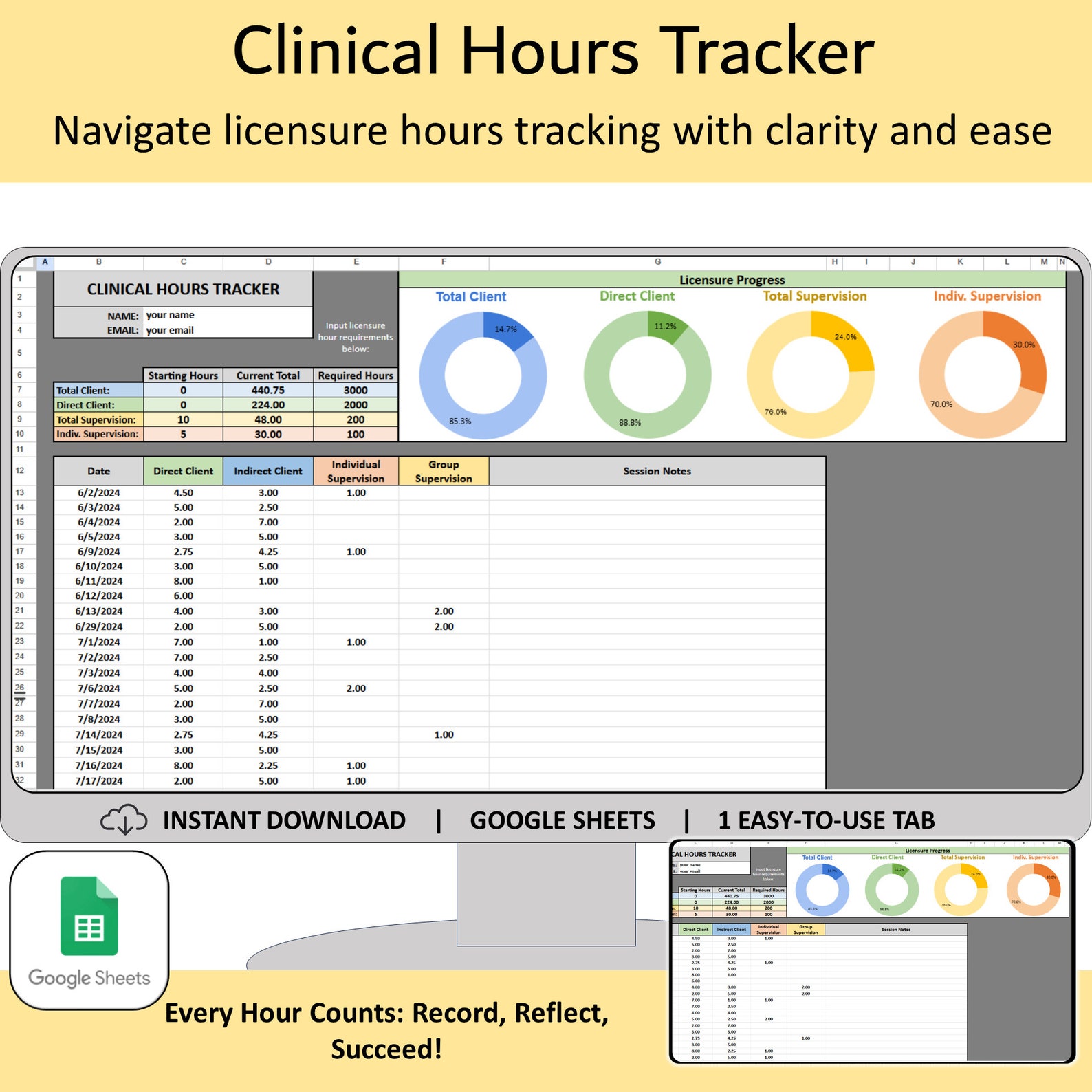 Clinical Hours Tracker Google Sheets, Licensure Hour Log Spreadsheet ...