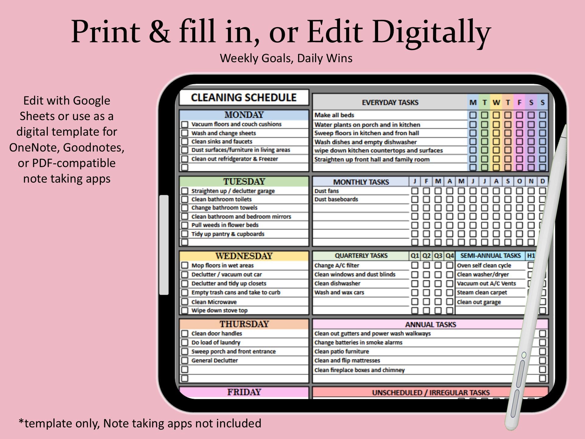 Editable Cleaning Schedule Planner, PDF & Google Sheets Household Chore ...