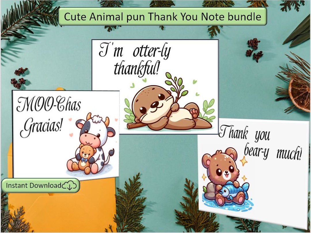 Cute Animal Pun Thank You Note, Digital Download Template Bundle ...