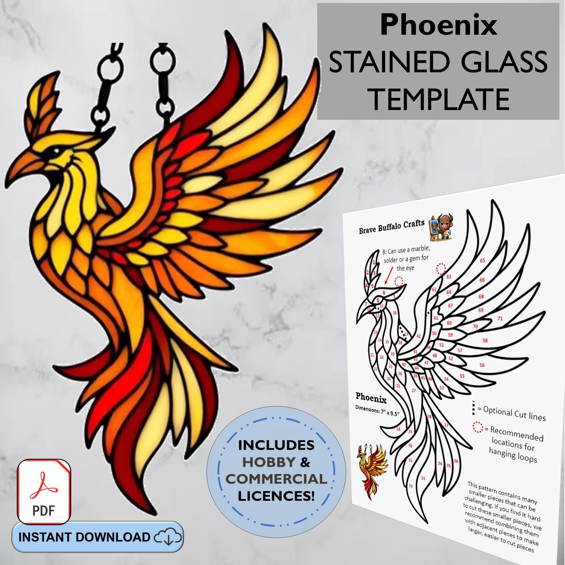 Phoenix Fire Bird Stained Glass Pattern, DIY PDF Template, Digital Download Stencil, Commercial ...