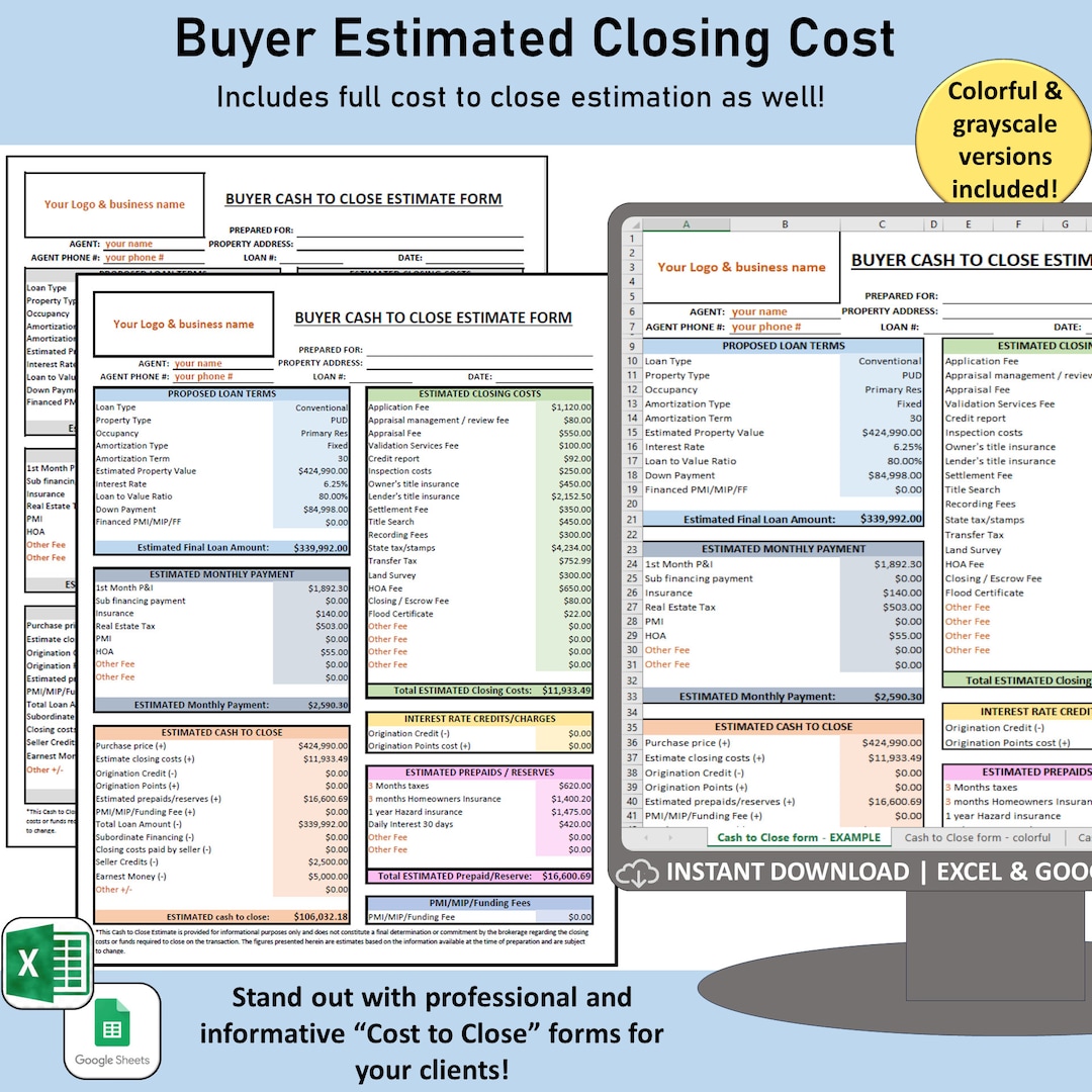 Home Buyer Cost to Close Estimation Form, Estimated Closing Costs Real ...