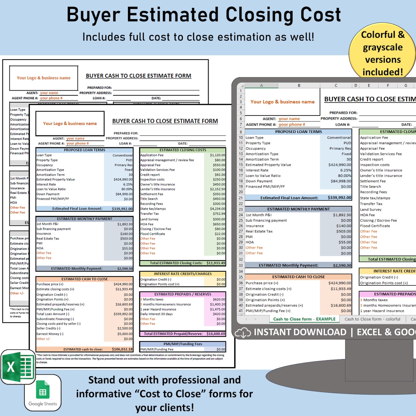 Home Buyer Cost to Close Estimation Form, Estimated Closing Costs Real ...