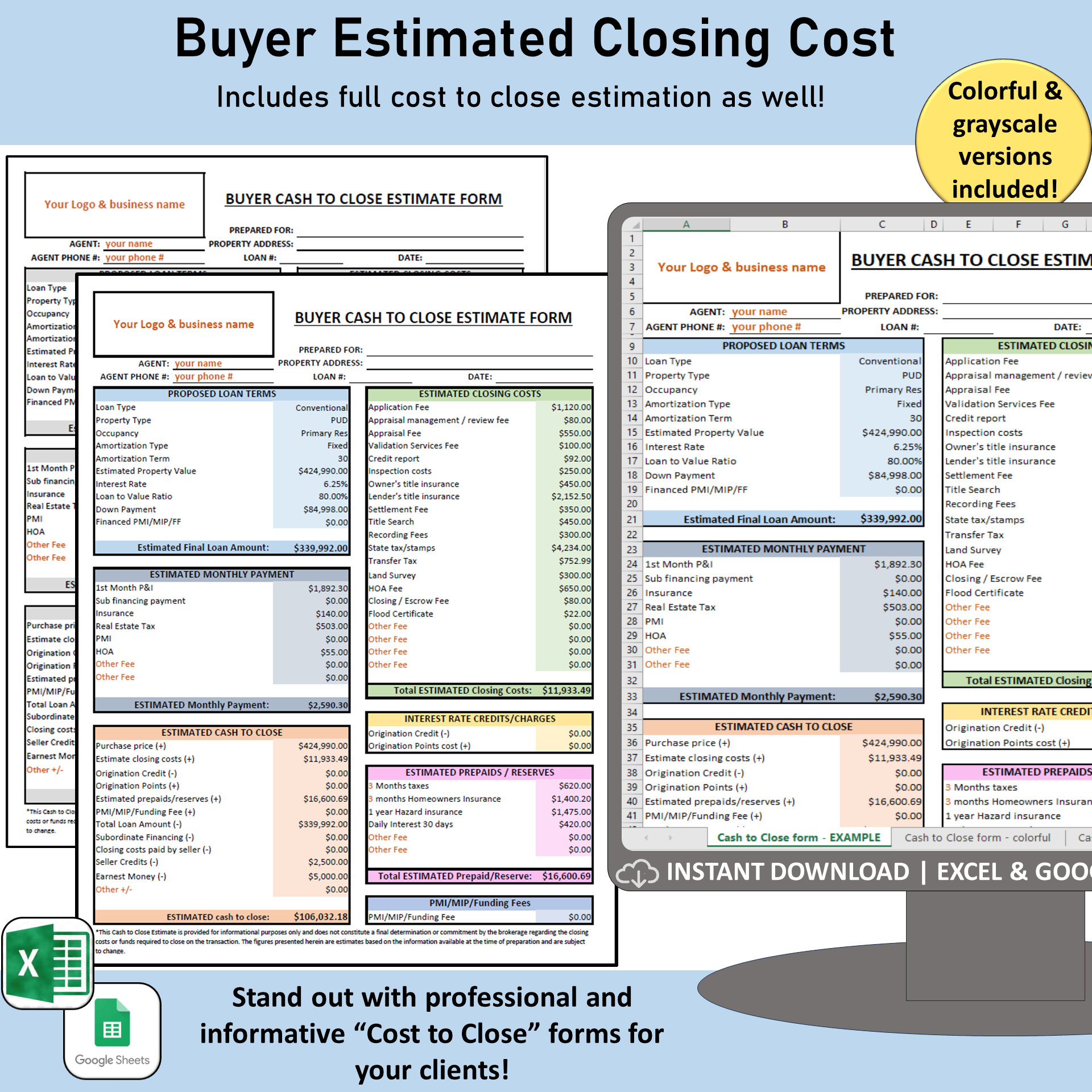 Home Buyer Cost to Close Estimation Form, Estimated Closing Costs Real ...