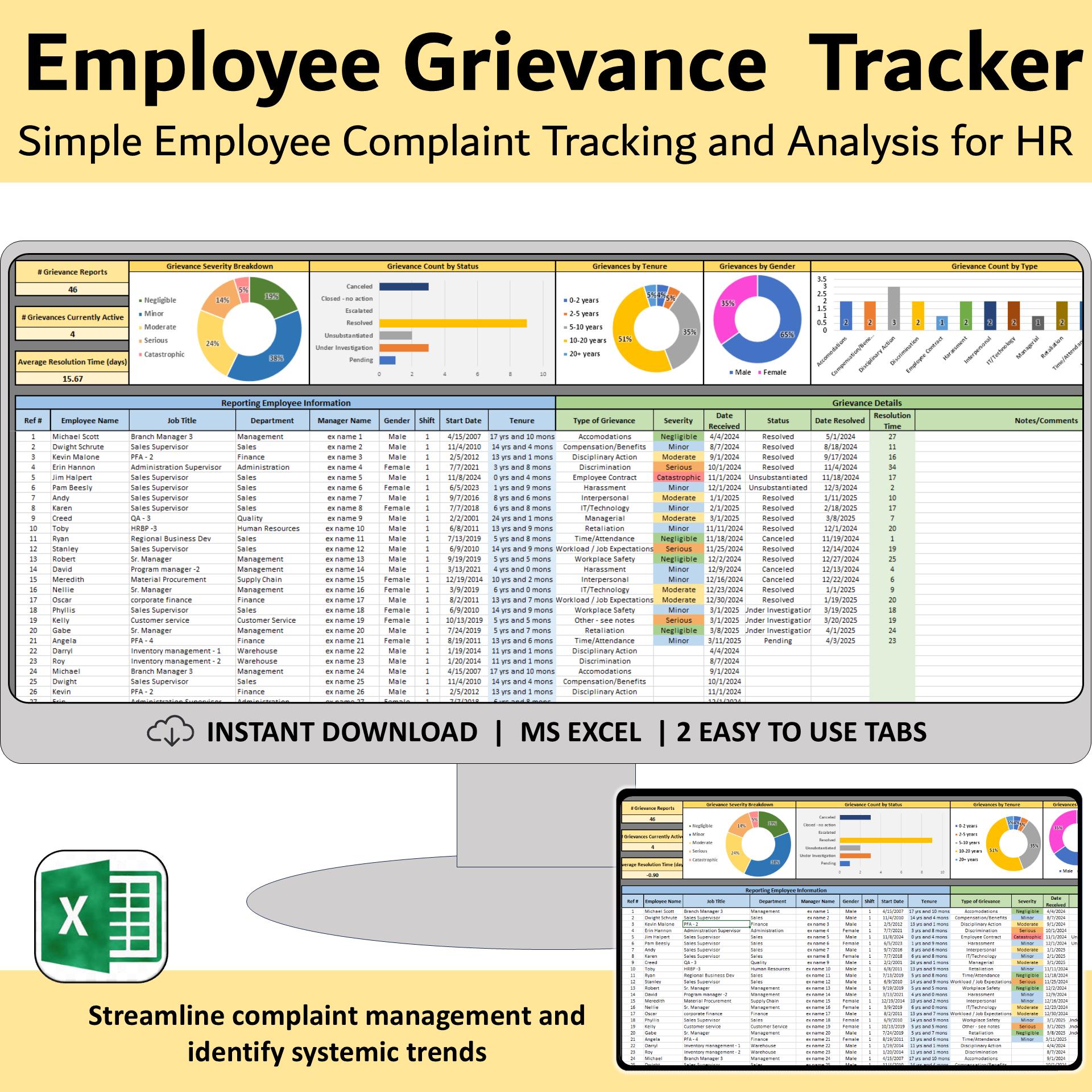 HR Employee Complaint Tracker, Human Resources Workforce Grievance Excel Spreadsheet, Small ...