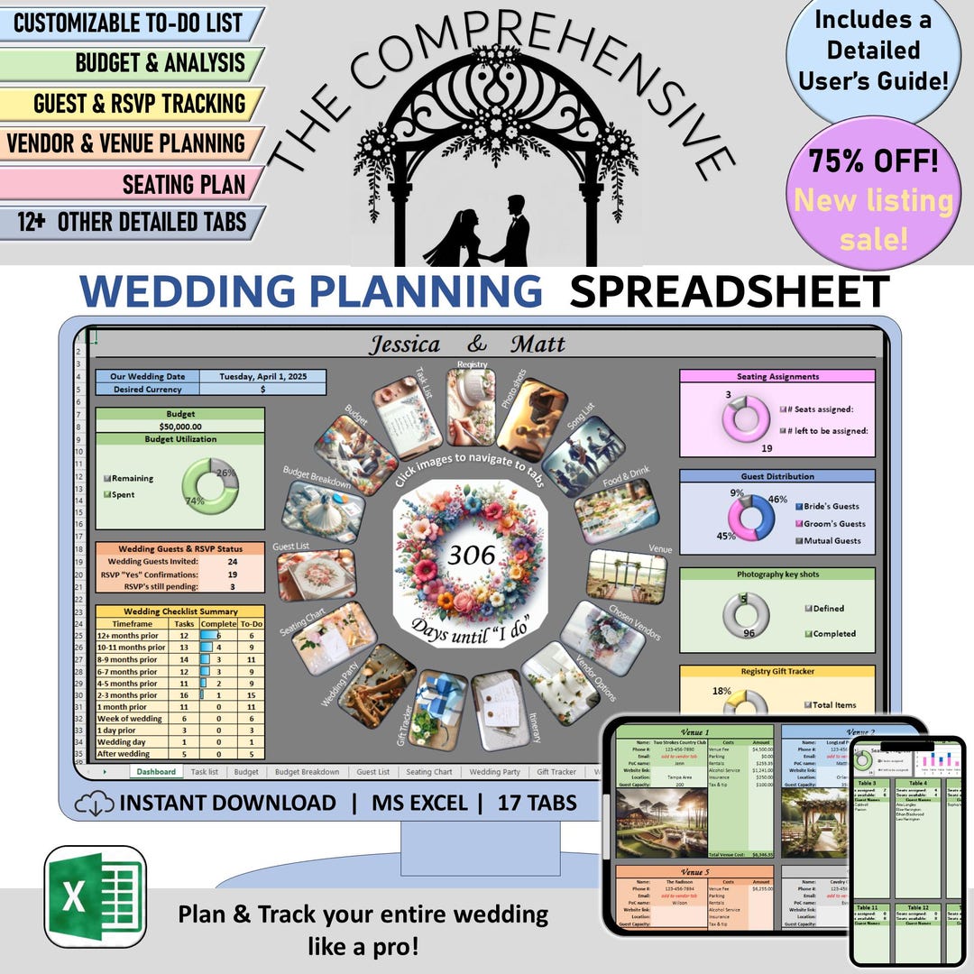 Wedding Planner Spreadsheet, Excel Wedding Tracker Timeline, Guest List ...