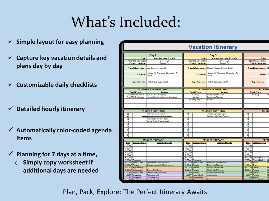 Vacation Planning Spreadsheet, Simple Travel Itinerary, Daily ...
