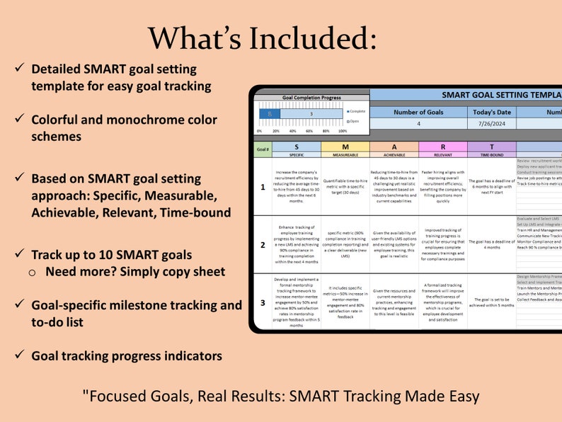 SMART Goal Setting Template, Objectives Tracking Spreadsheet, Excel ...