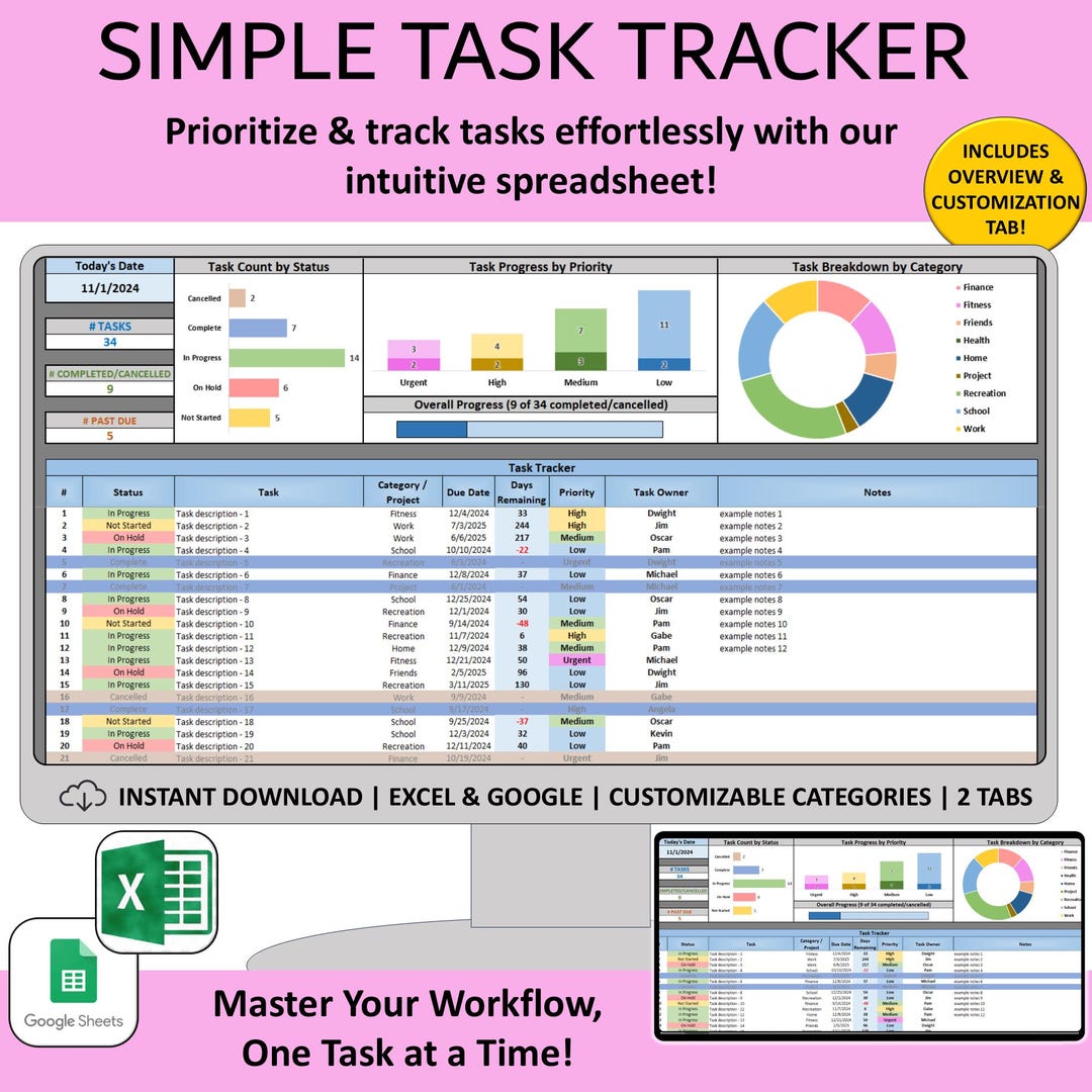 Task Tracker Spreadsheet, Excel & Google Sheets To-do List ...