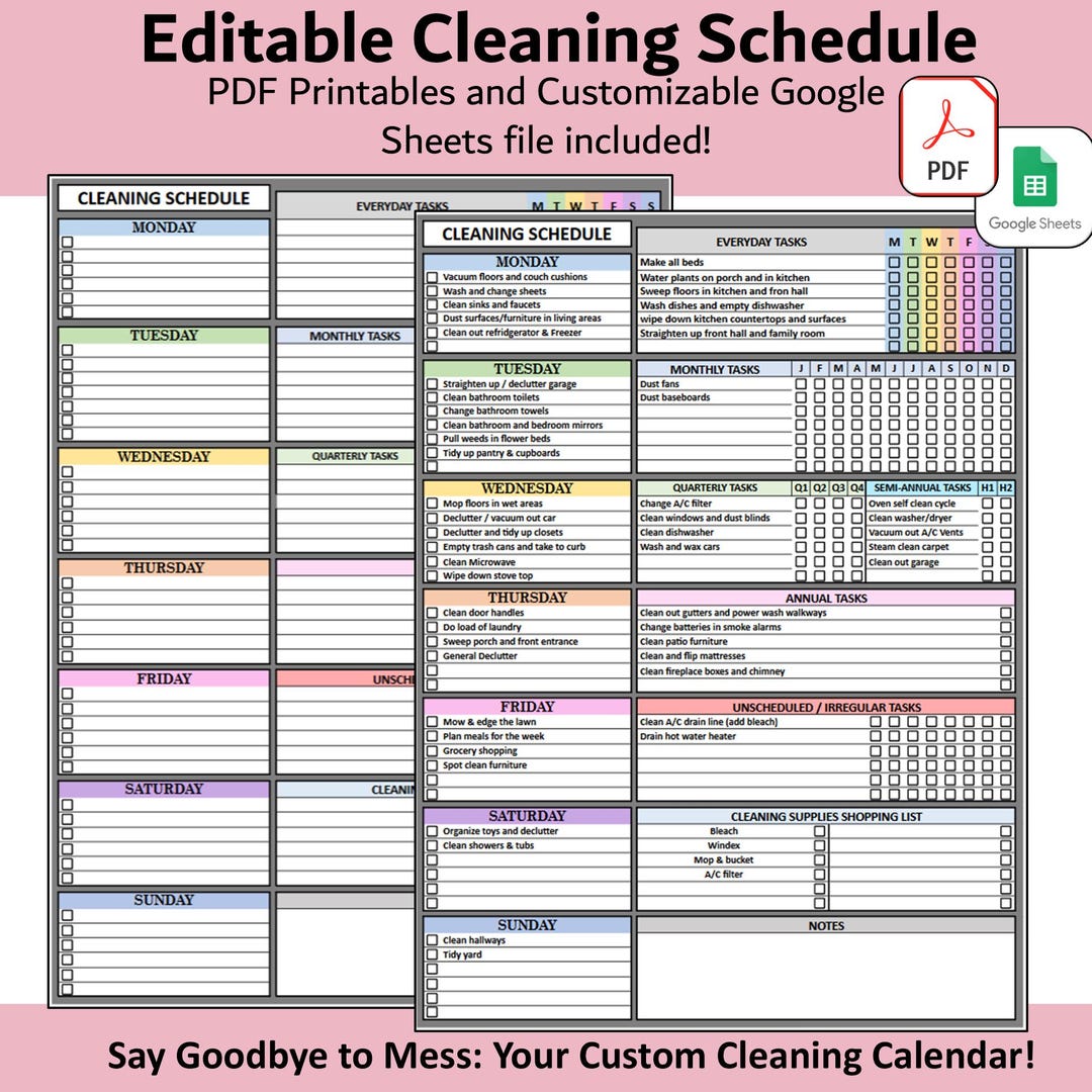 Editable Cleaning Schedule Planner, PDF & Google Sheets Household Chore ...