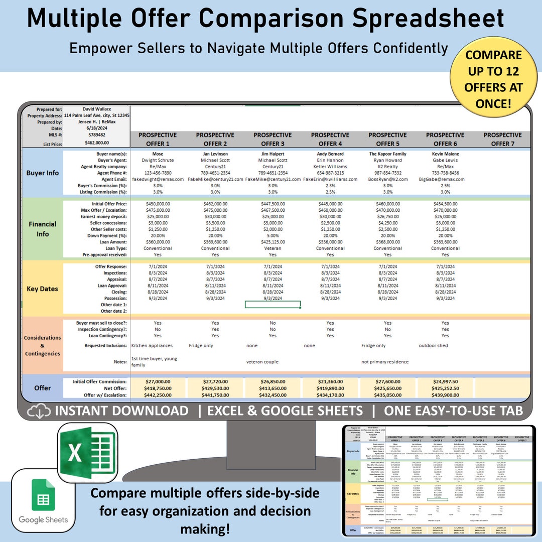 Multiple Offer Comparison Spreadsheet, Real Estate Seller Side-by-side ...