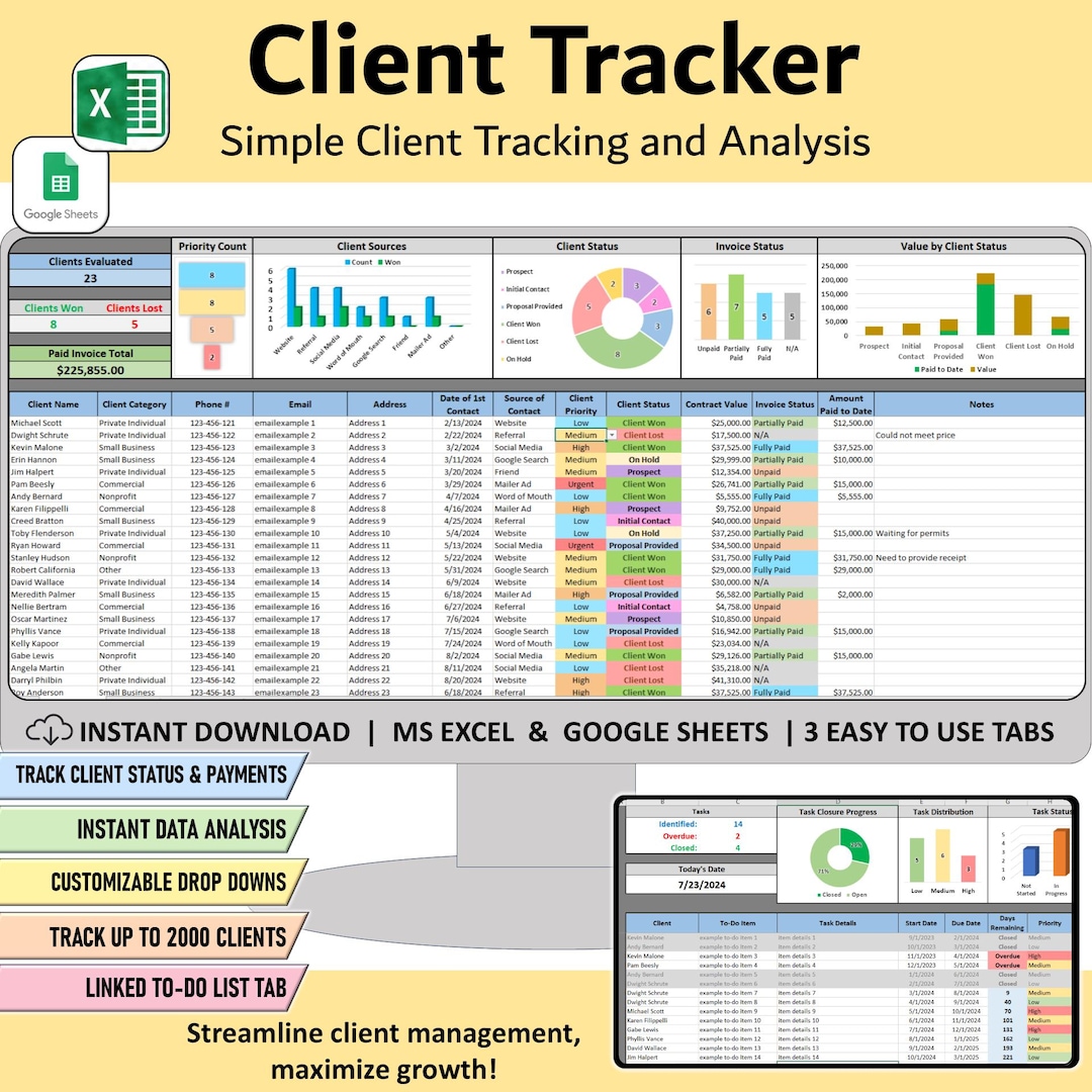 Client Tracker Spreadsheet for Small Businesses, Excel CRM Management ...