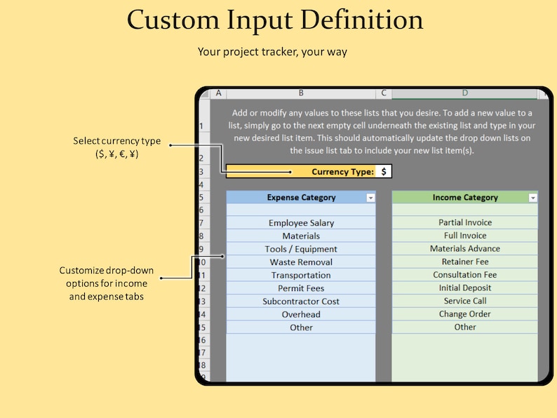 Project Cost Tracker Spreadsheet, Excel Expense and Income Tracking ...