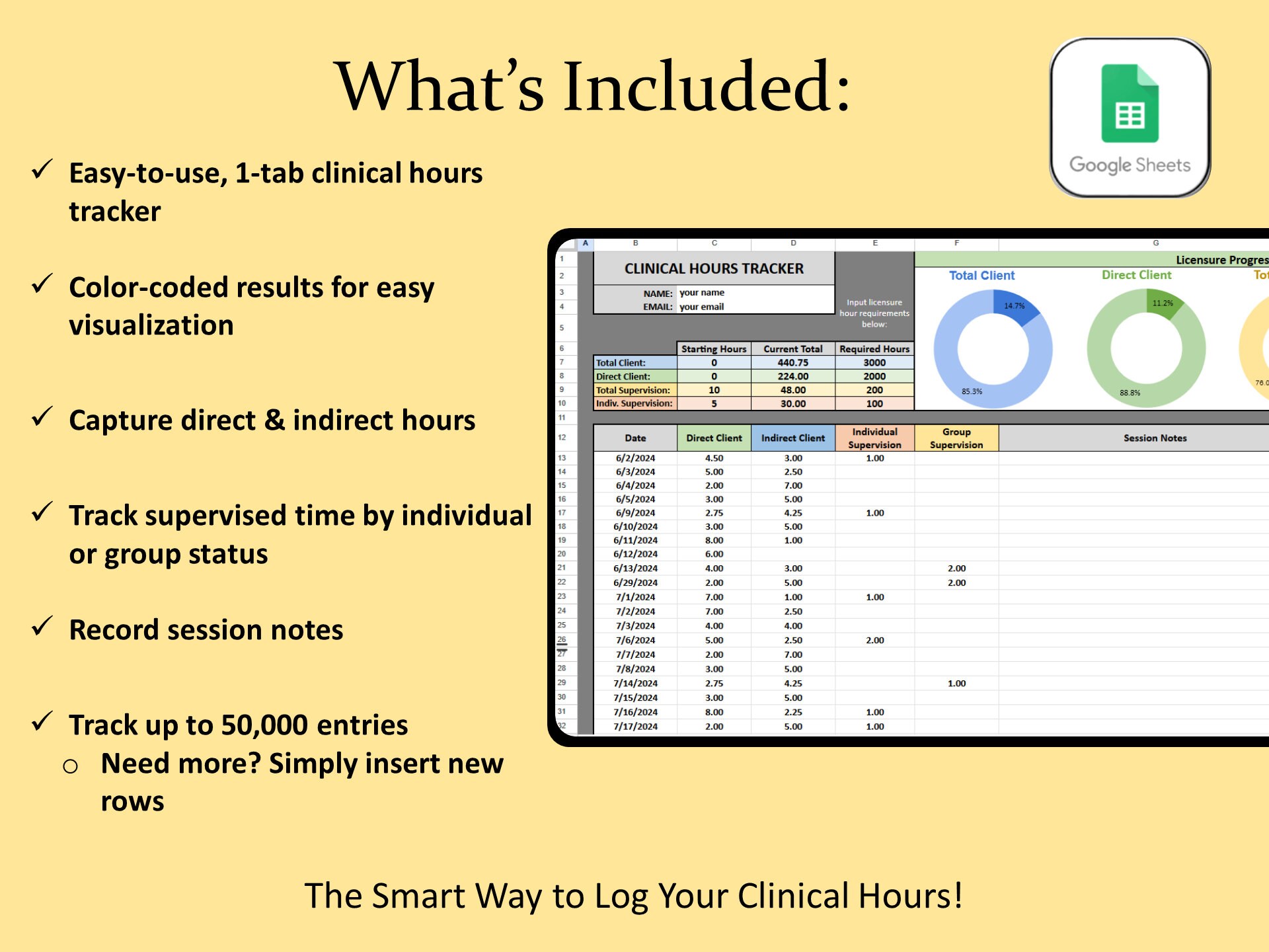 Clinical Hours Tracker Google Sheets, Licensure Hour Log Spreadsheet, Counseling, Therapy Social ...