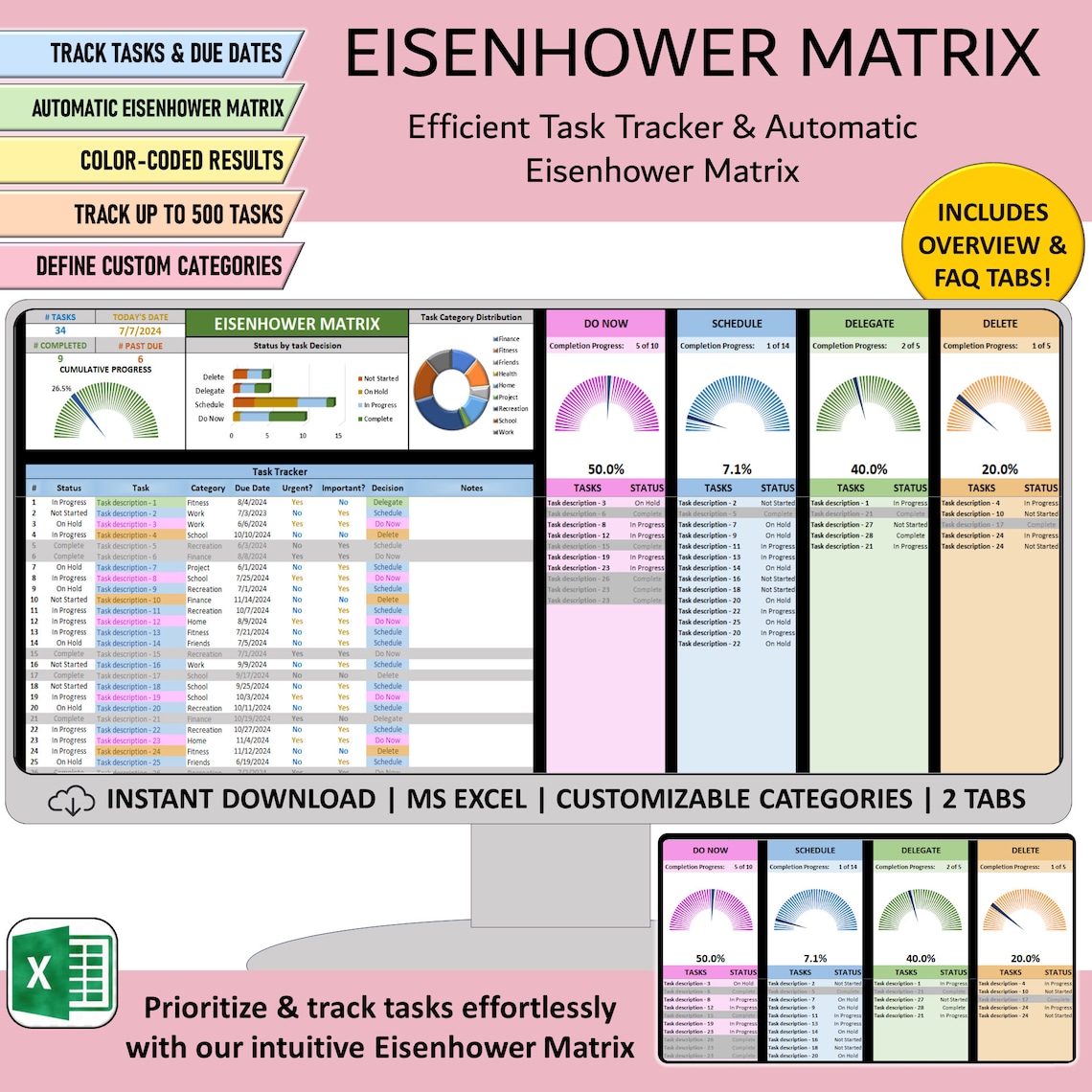 Eisenhower Matrix and Task Tracker, Excel to Do List Priority Template, Task and Activity ...