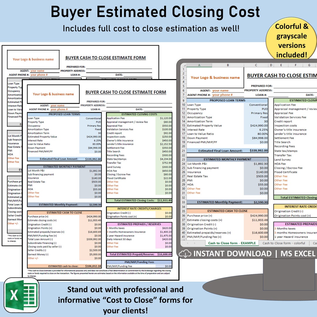 Home Buyer Cost to Close Estimation Form, Estimated Closing Costs Real ...
