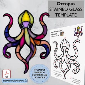 Octopus Stained Glass Pattern Template, PDF Suncatcher DIY Stencil ...