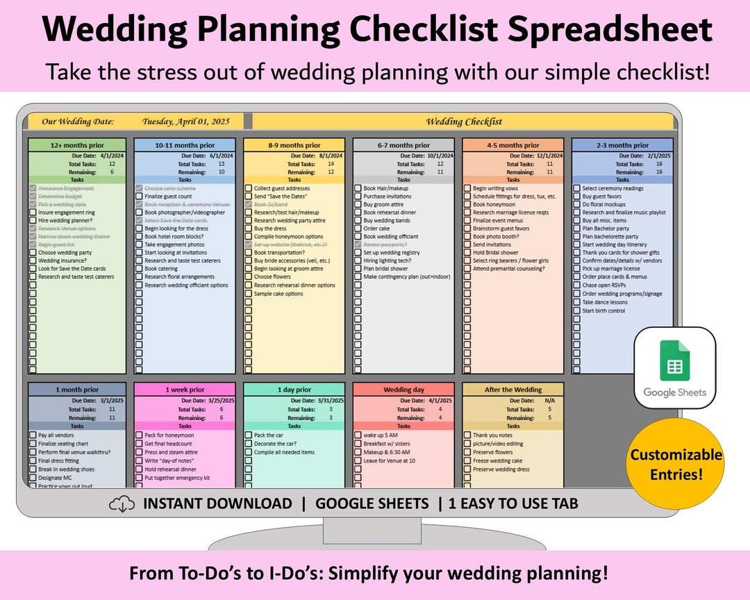Wedding Planning Checklist Spreadsheet, Bride's Google Sheets To-do ...