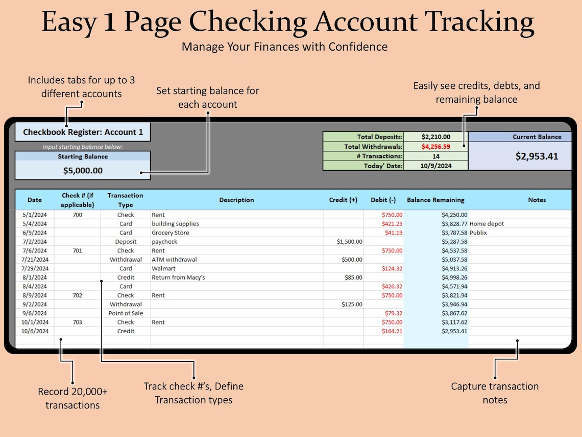 Checkbook Register Spreadsheet for Excel and Google Sheets, Checkbook ...