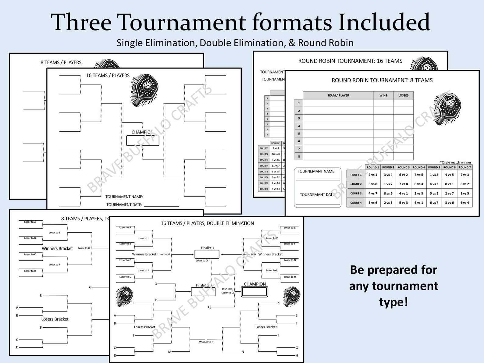 Pickleball Tournament Bracket Template Bundle, Round Robin, Double ...