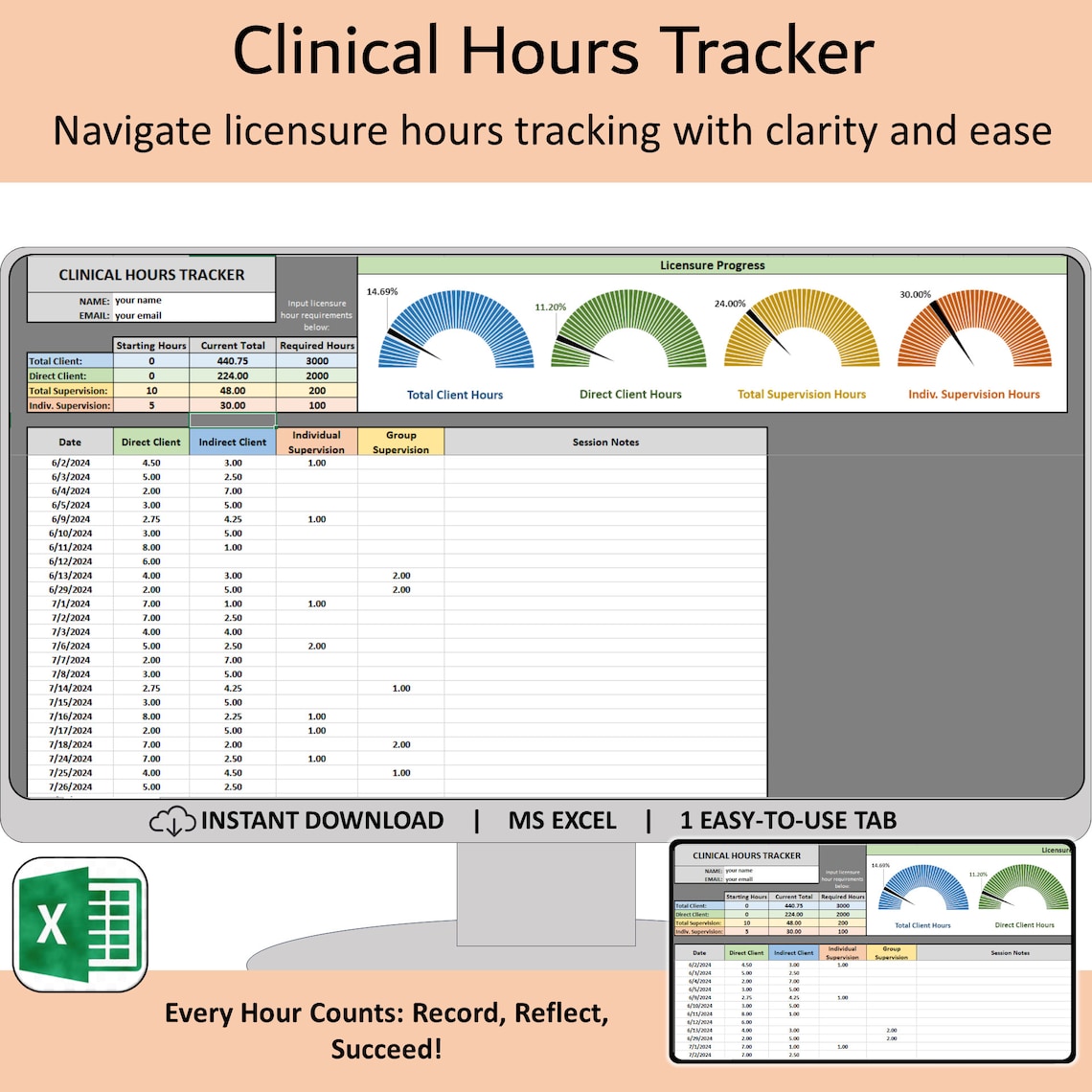 Clinical Hours Tracker Spreadsheet, Excel Licensure Hour Log, Social ...