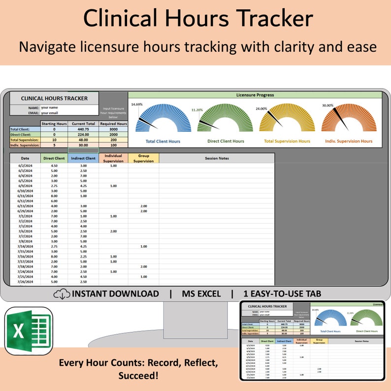 Clinical Hours Tracker Spreadsheet, Excel Licensure Hour Log, Social ...