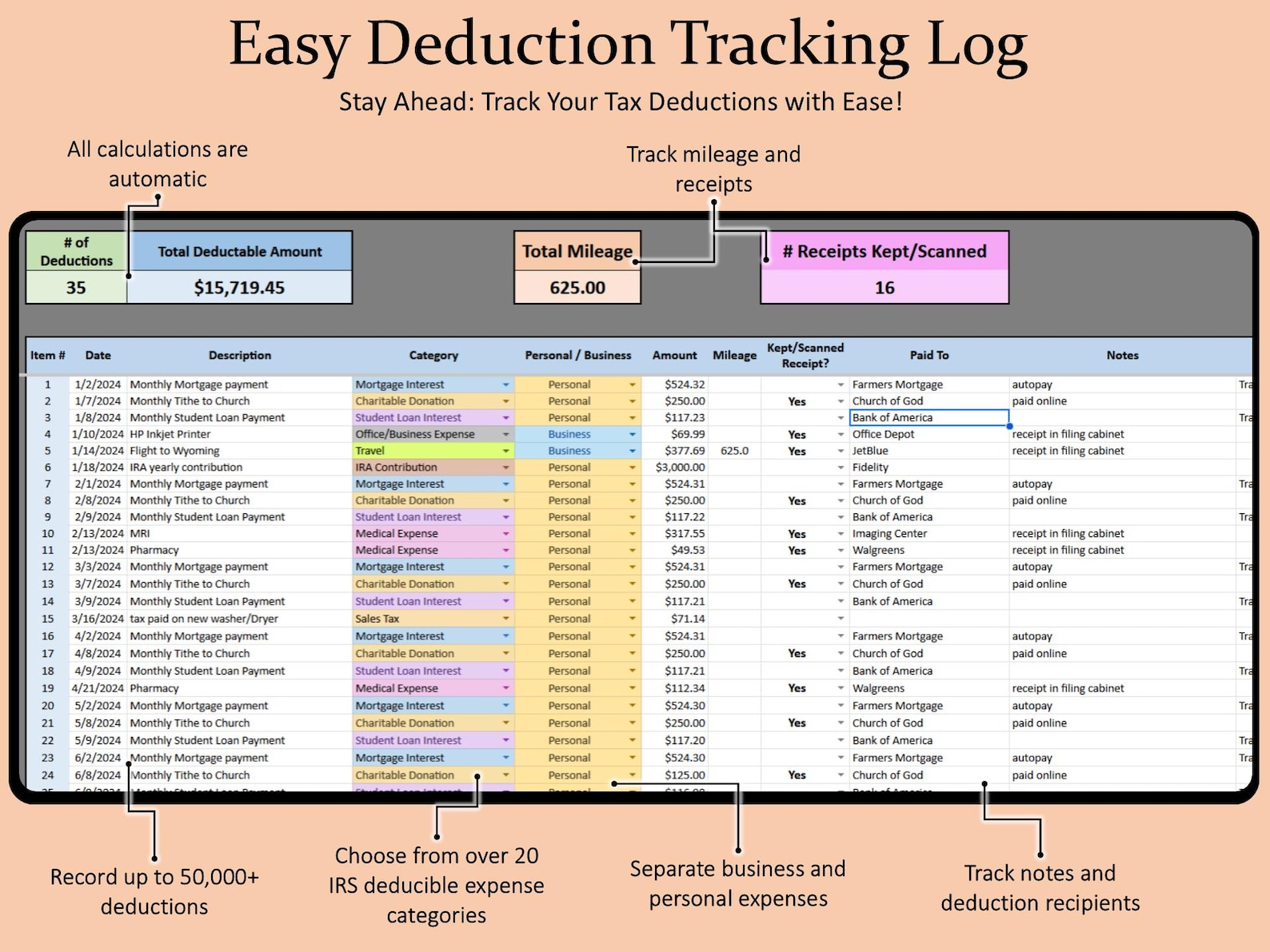 Tax Deduction Tracker Spreadsheet, Google Sheets Itemized Expenses ...