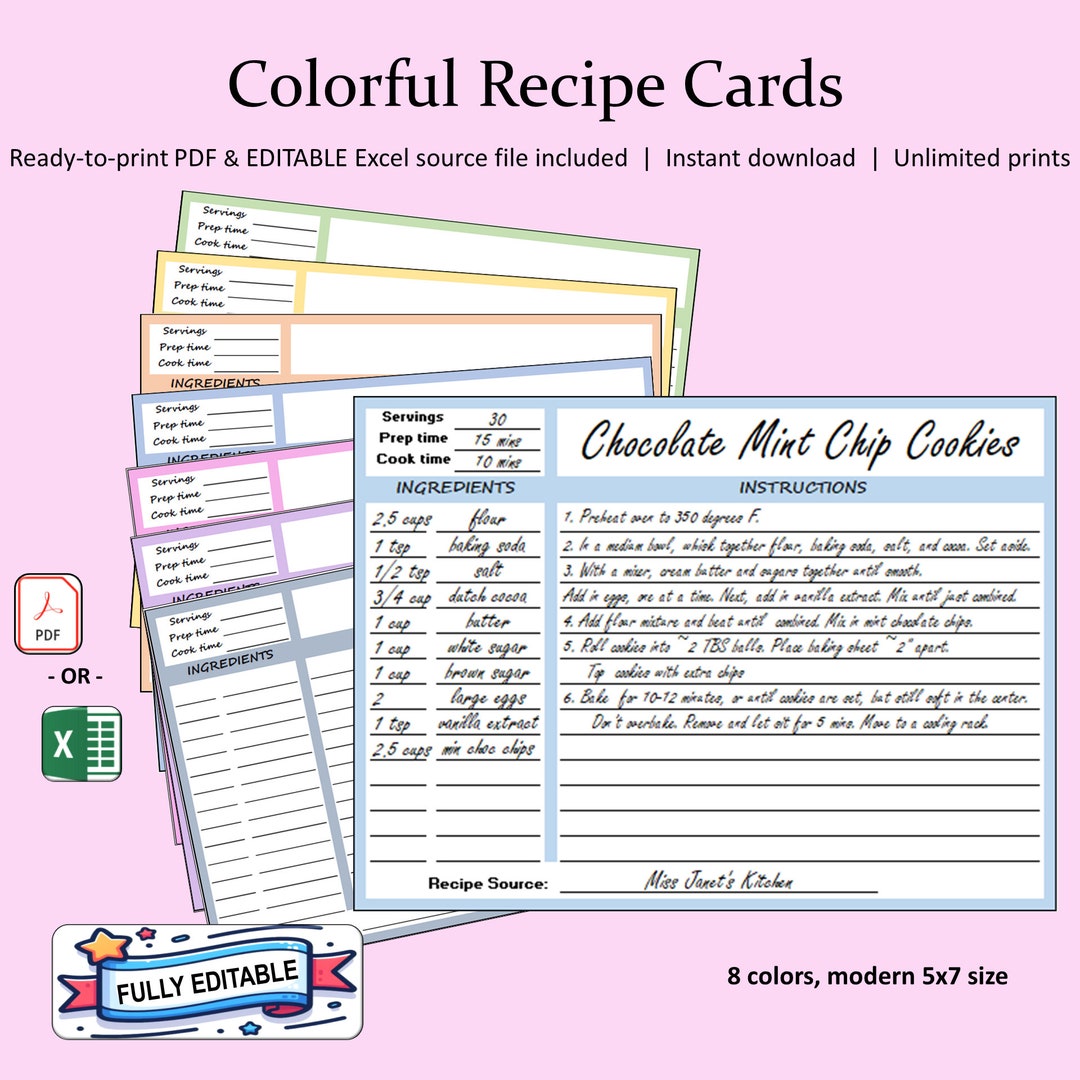 Printable Recipe Card Template, Editable Recipe Cards, Instant Download ...
