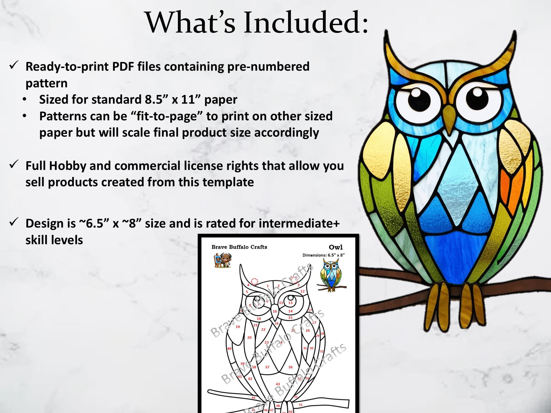 Owl Stained Glass Pattern Template, Bird PDF Suncatcher DIY Stencil ...