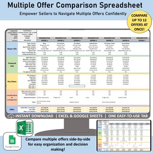 Multiple Offer Comparison Spreadsheet, Real Estate Seller Side-by-side ...