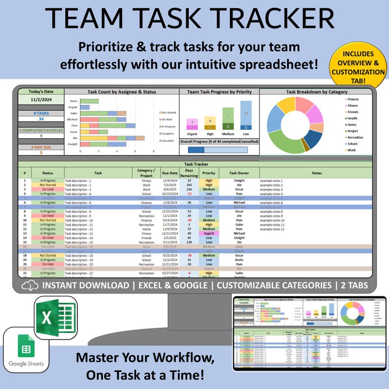 Team Task Tracker Spreadsheet, Google & Excel To-do List, Project ...