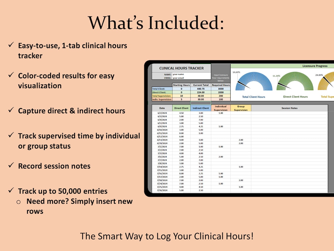 Clinical Hours Tracker Spreadsheet, Excel Licensure Hour Log, Social Work, Counseling, Therapy ...