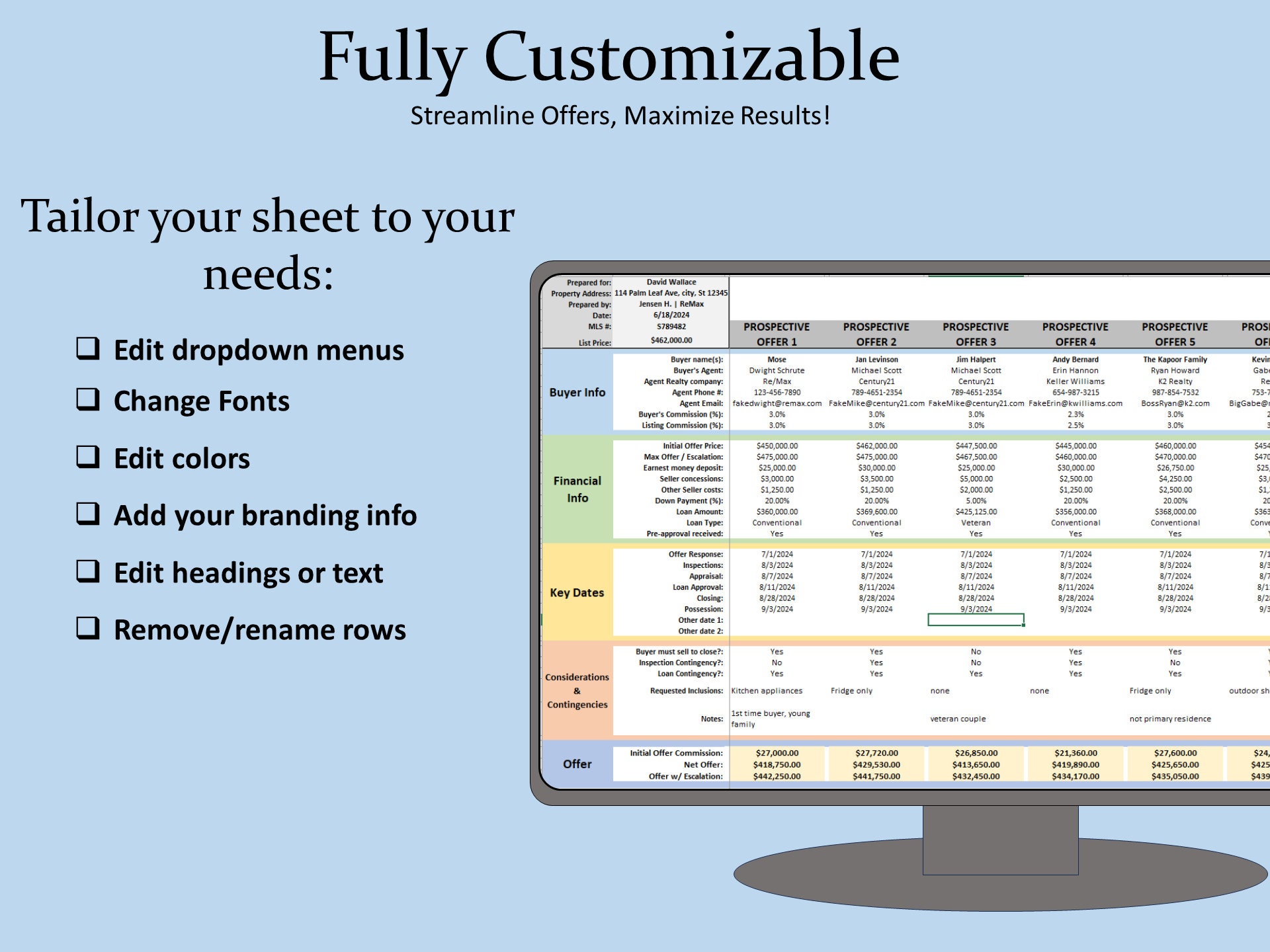Multiple Offer Comparison Spreadsheet, Real Estate Seller Side-by-side ...