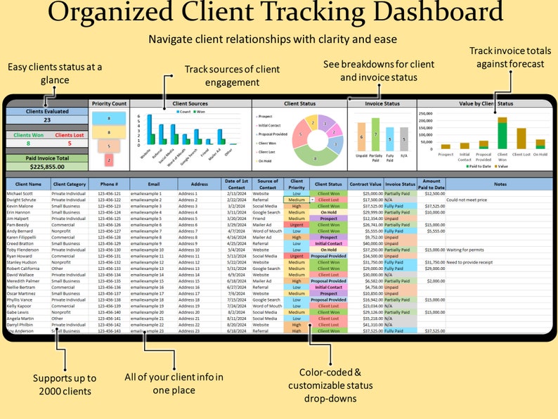 Client Tracker Spreadsheet for Small Businesses, Excel CRM Management ...