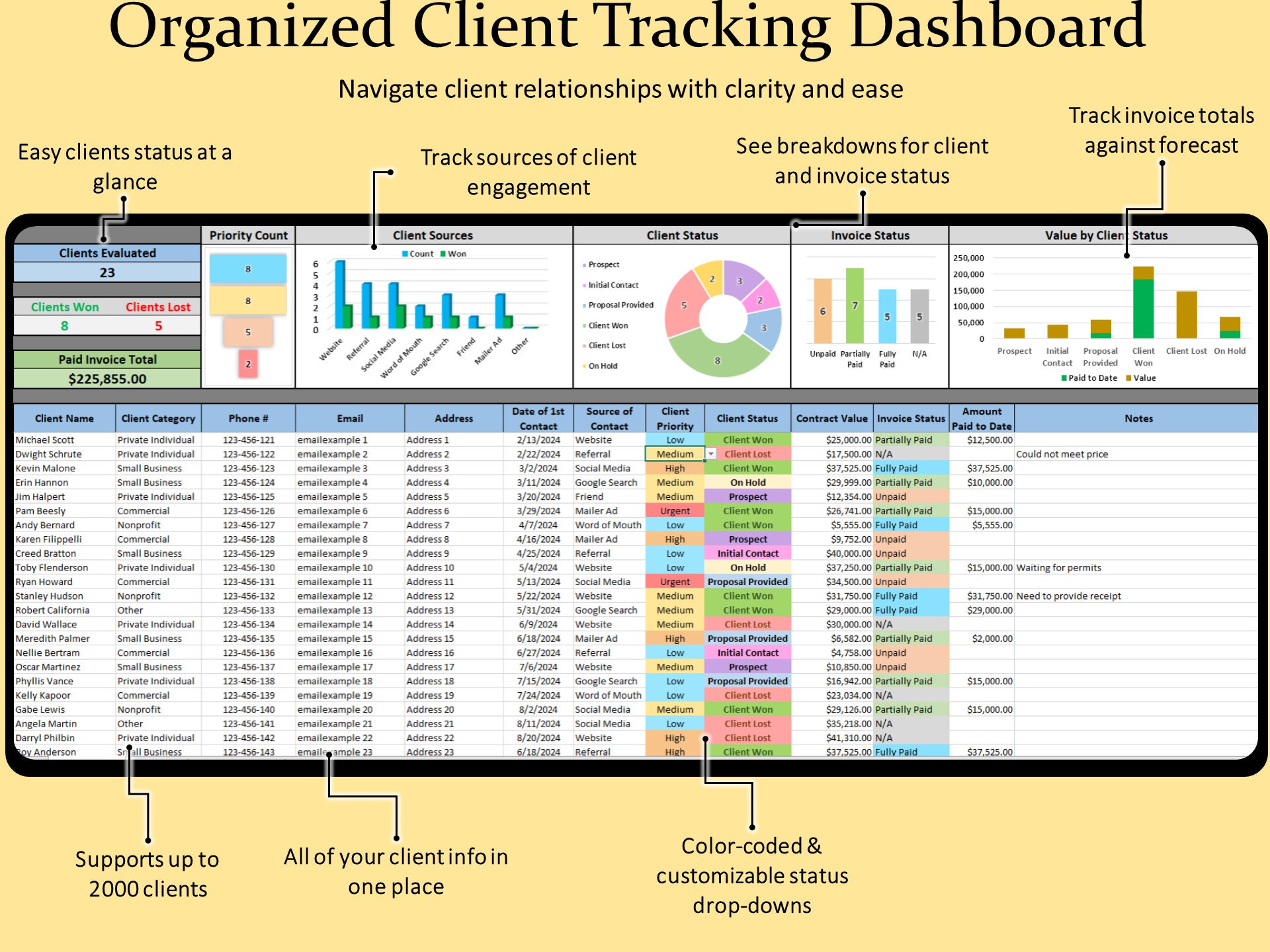 Client Tracker Spreadsheet for Small Businesses, Excel CRM Management ...