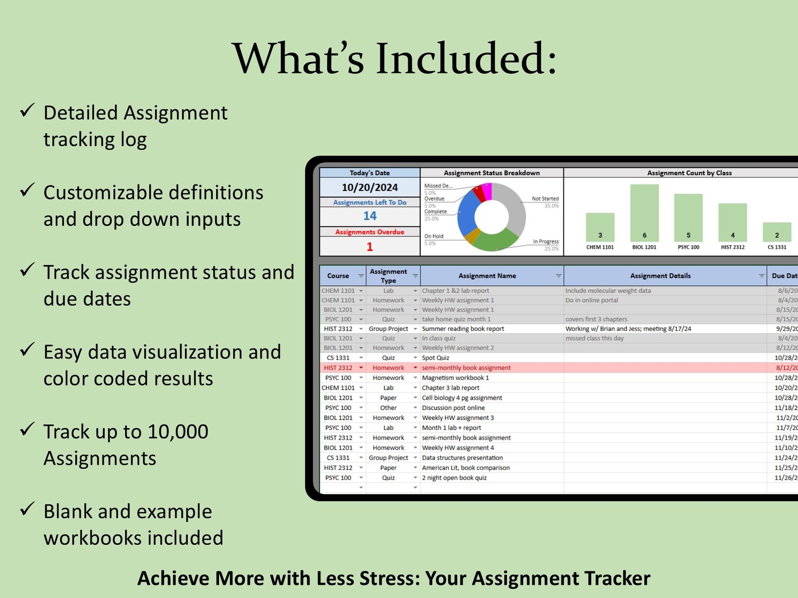 Assignment Tracker Spreadsheet, Google Sheets Student Planner Template ...