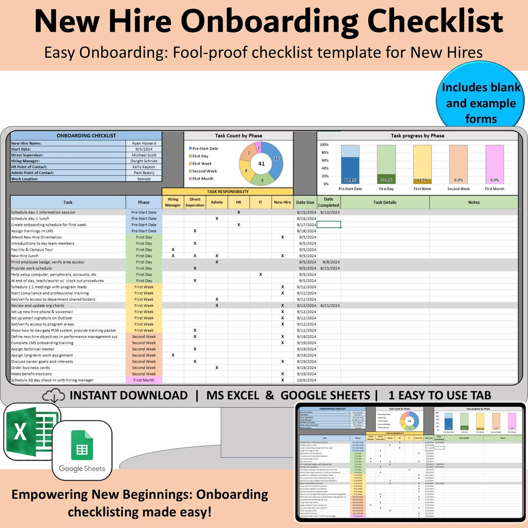 New Hire Onboarding Checklist, HR Excel & Google Spreadsheet Template ...