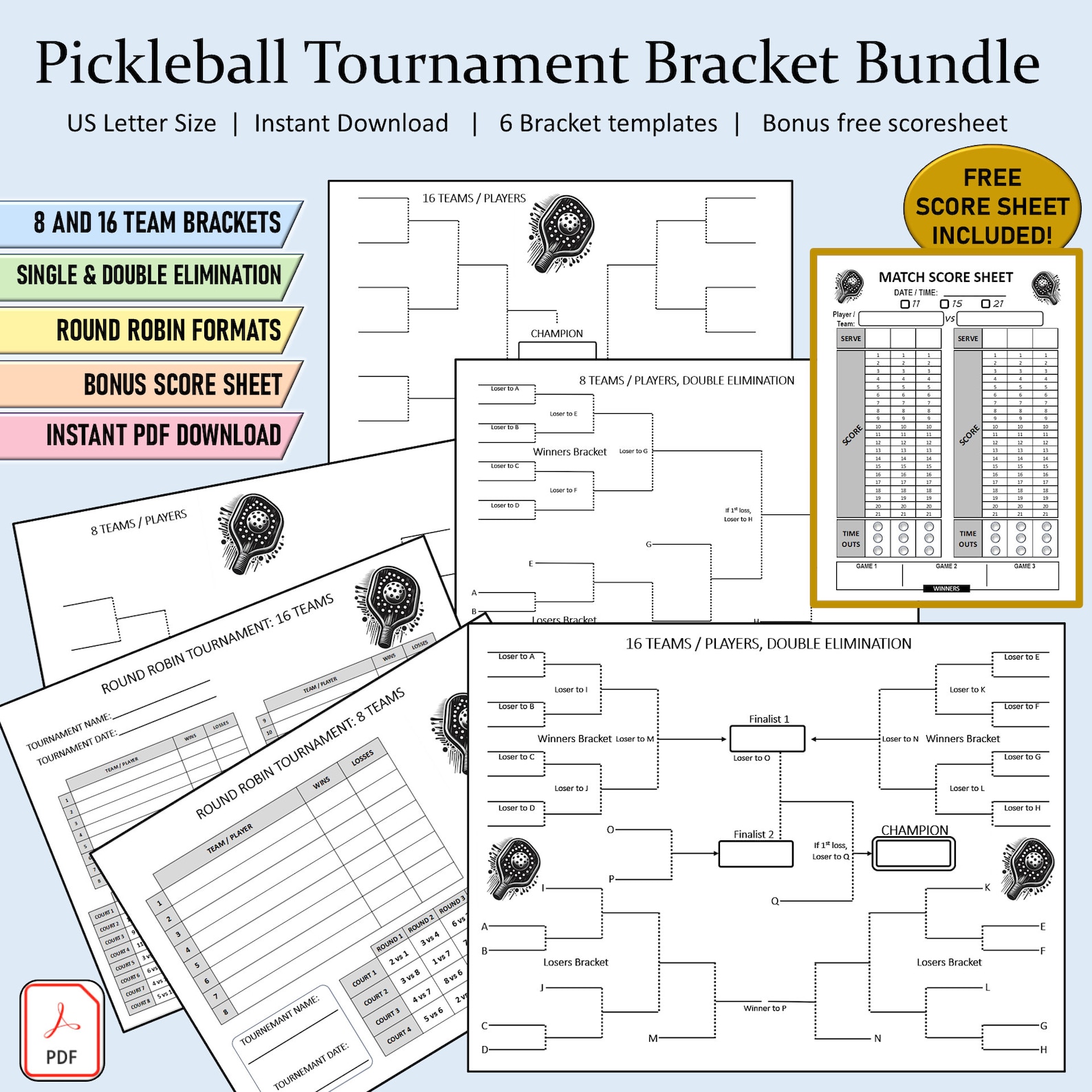 Pickleball Tournament Bracket Template Bundle, Round Robin, Double ...
