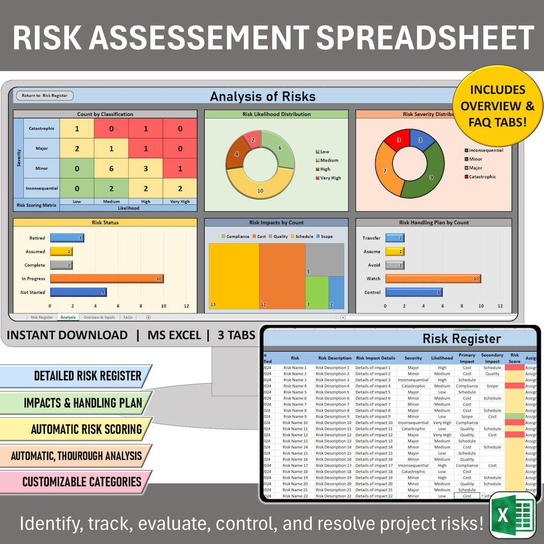 Risk Assessment Spreadsheet, Risk Register Template for Business Risk Management, Excel Risk ...