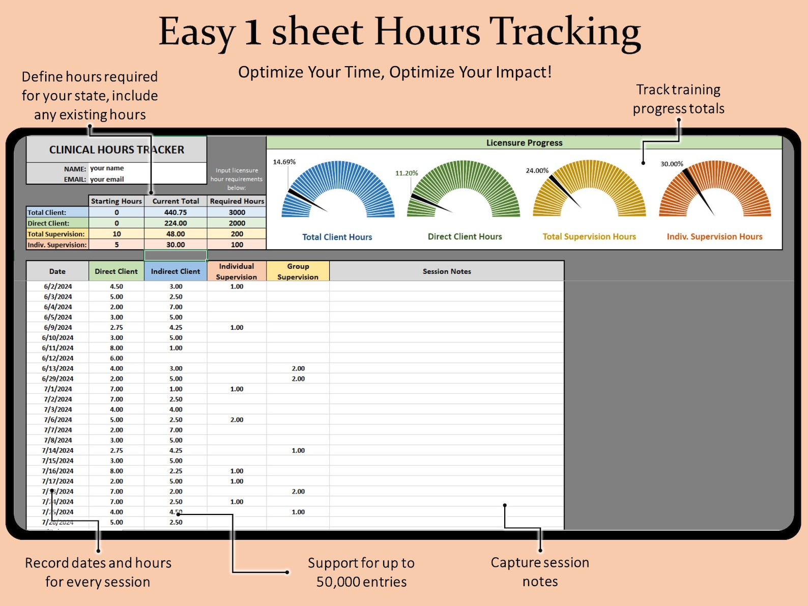 Clinical Hours Tracker Spreadsheet, Excel Licensure Hour Log, Social ...