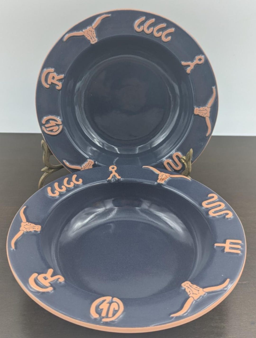 Frankoma Pottery Ranch Navy Blue Rim Soup Bowl Set of 2 Cattle Brands 7 ...